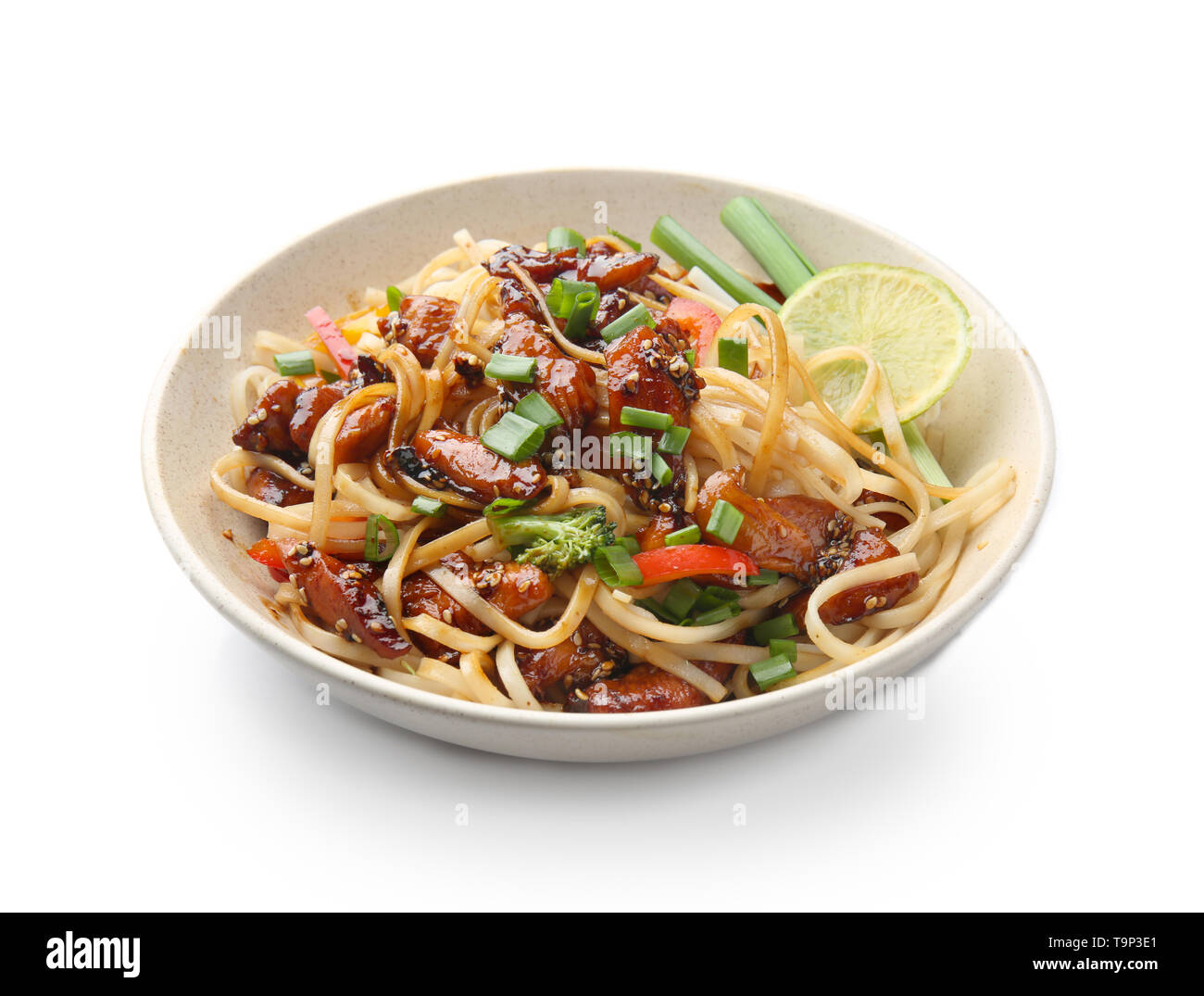 Plate with tasty chinese noodles on white background Stock Photo - Alamy