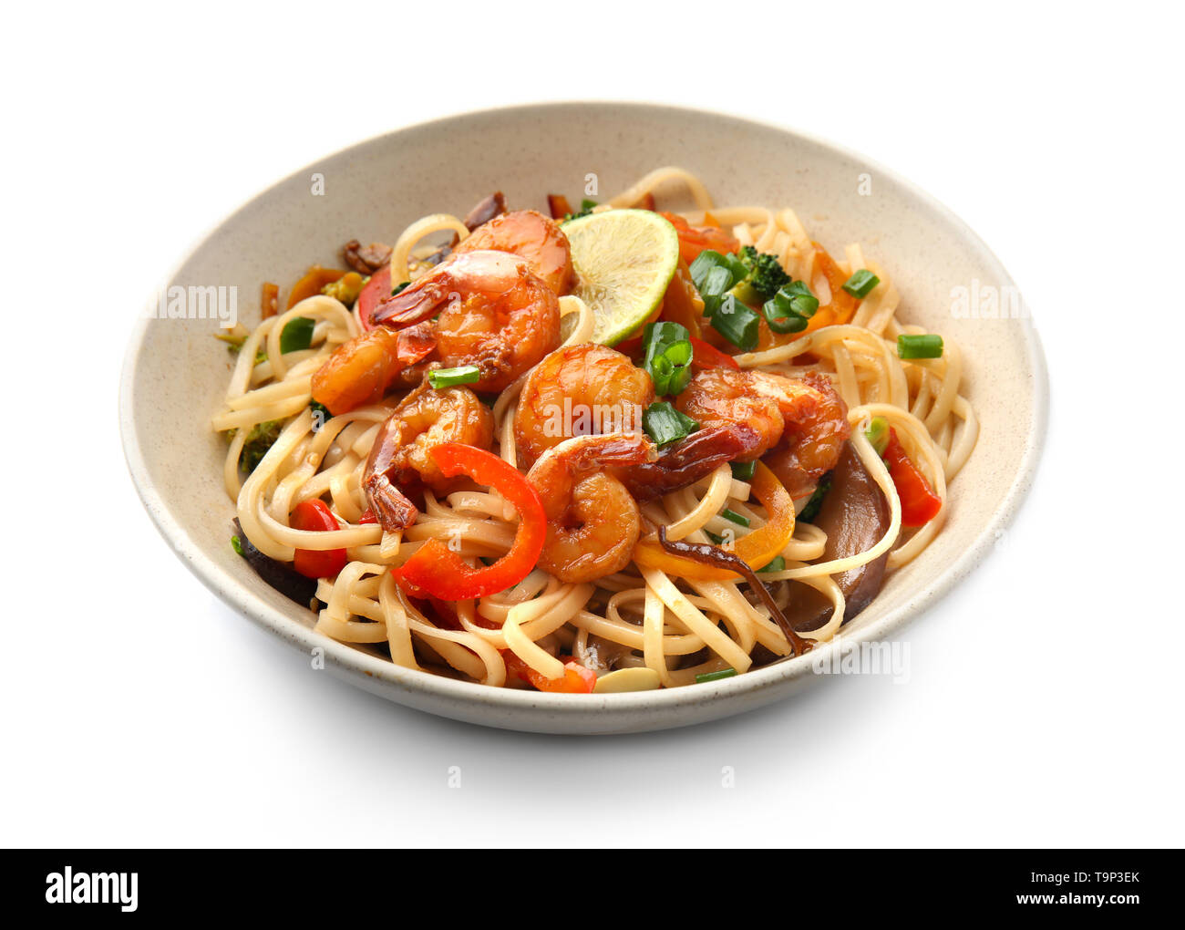 Plate with tasty chinese noodles on white background Stock Photo - Alamy