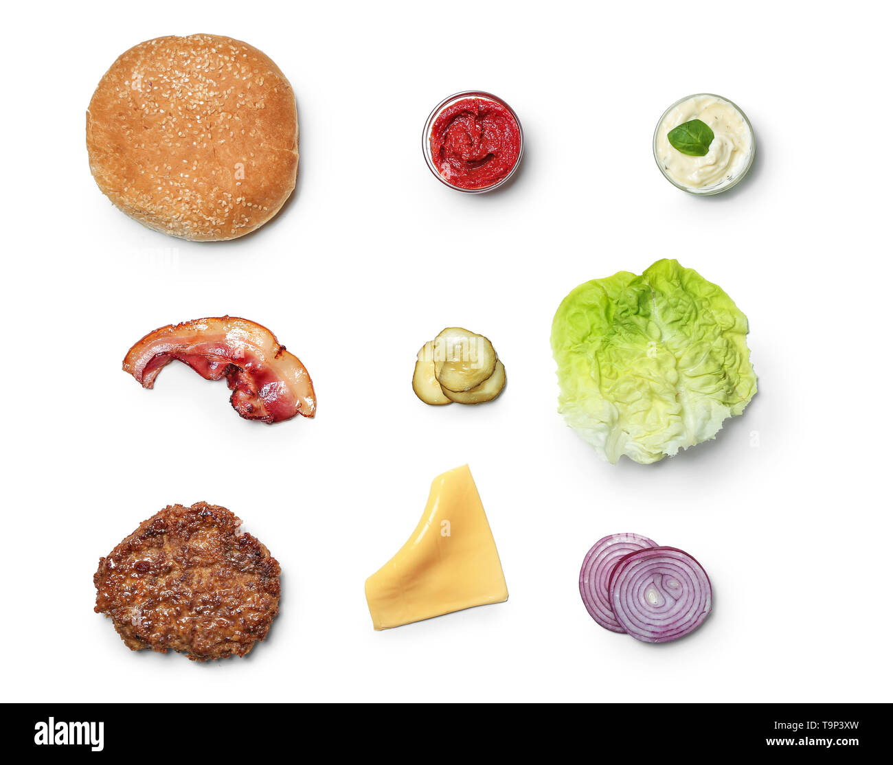Ingredients for burger on white background, flat lay Stock Photo - Alamy