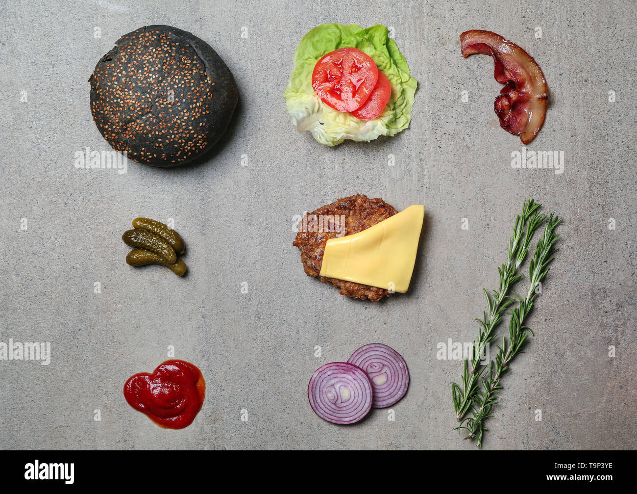 Ingredients for burger on grey background, flat lay Stock Photo - Alamy
