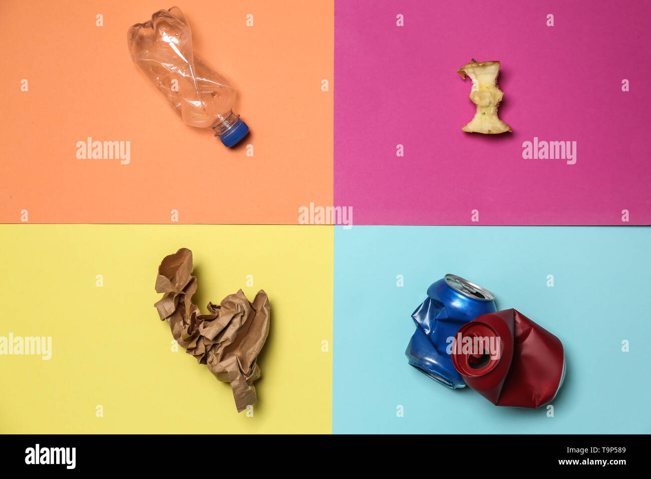 Different garbage on color background Stock Photo - Alamy