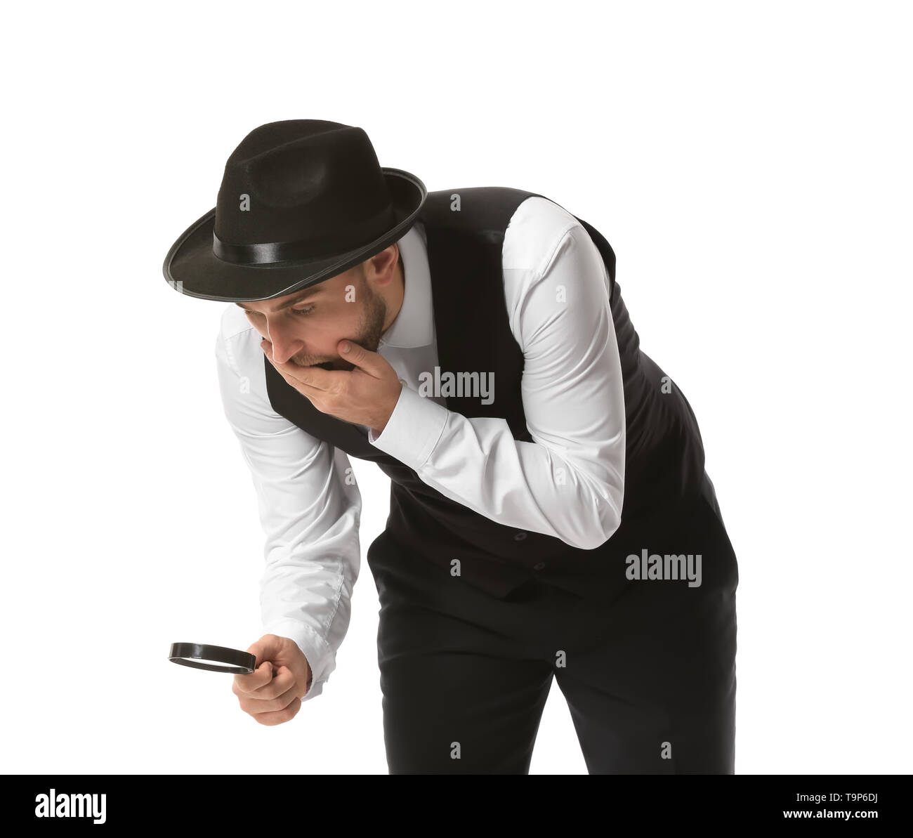 Shocked detective with magnifier studying evidence on white background ...