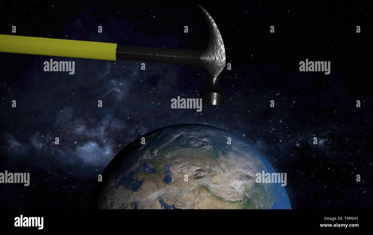 3D illustration Earth from space. Hammer hitting earth planet ...