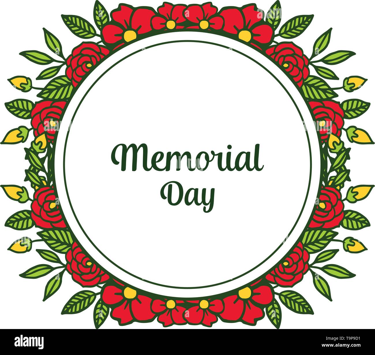 Vector illustration writing memorial day with circular red rose flower ...