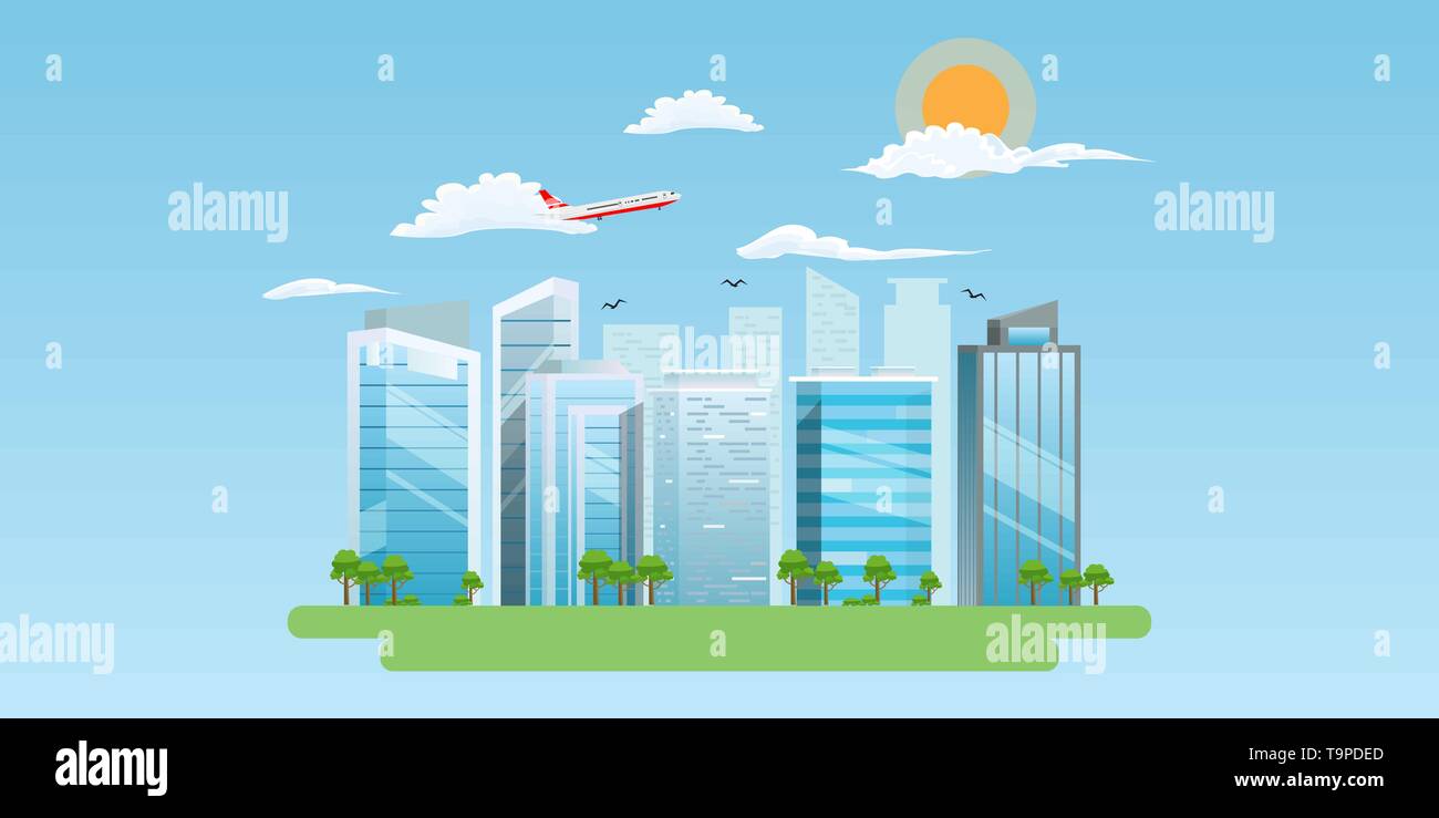 Cool Cityscape with nice buildings and sky with clouds. Vector ...