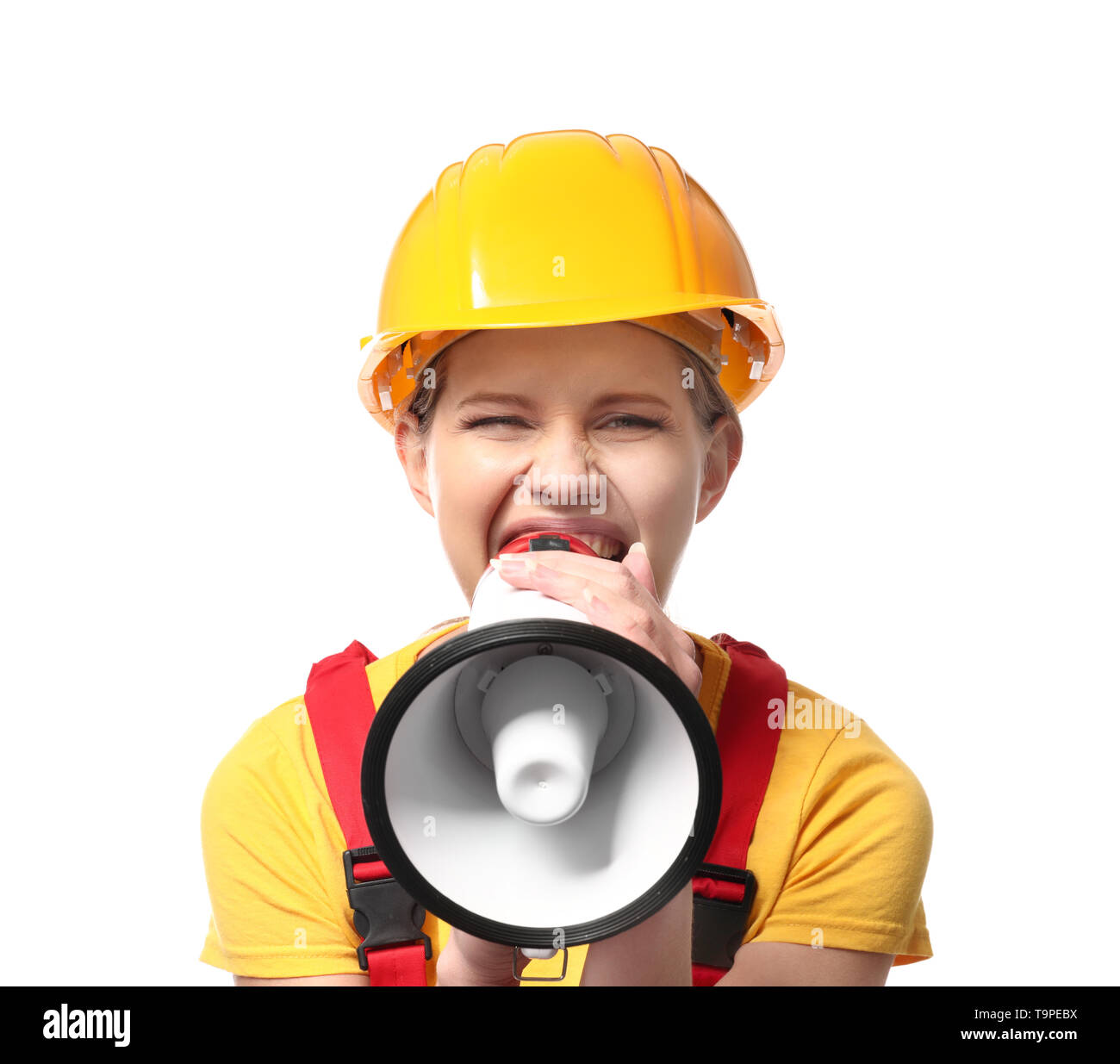 Female engineer with megaphone on white background Stock Photo - Alamy