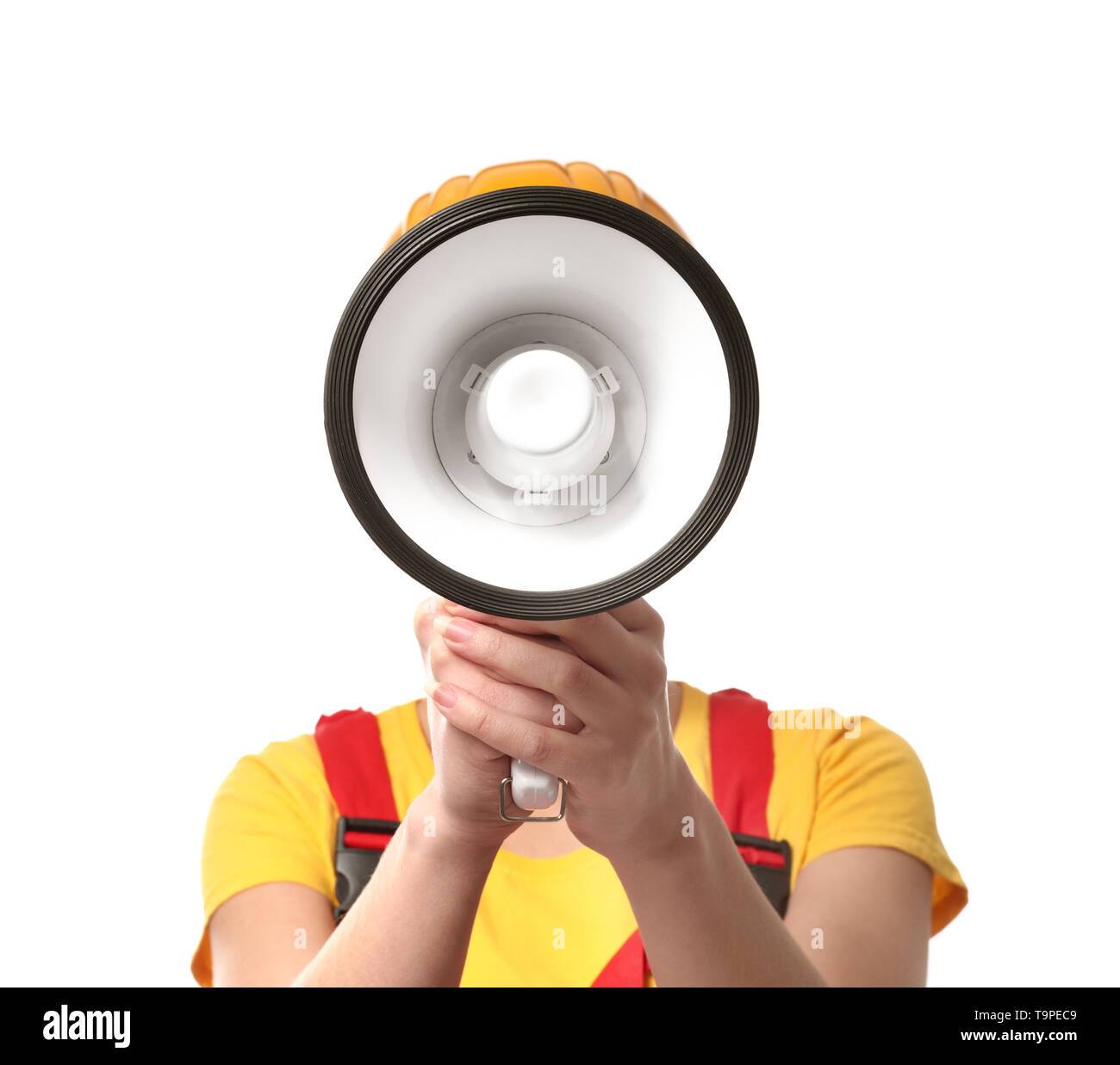 Female engineer with megaphone on white background Stock Photo - Alamy
