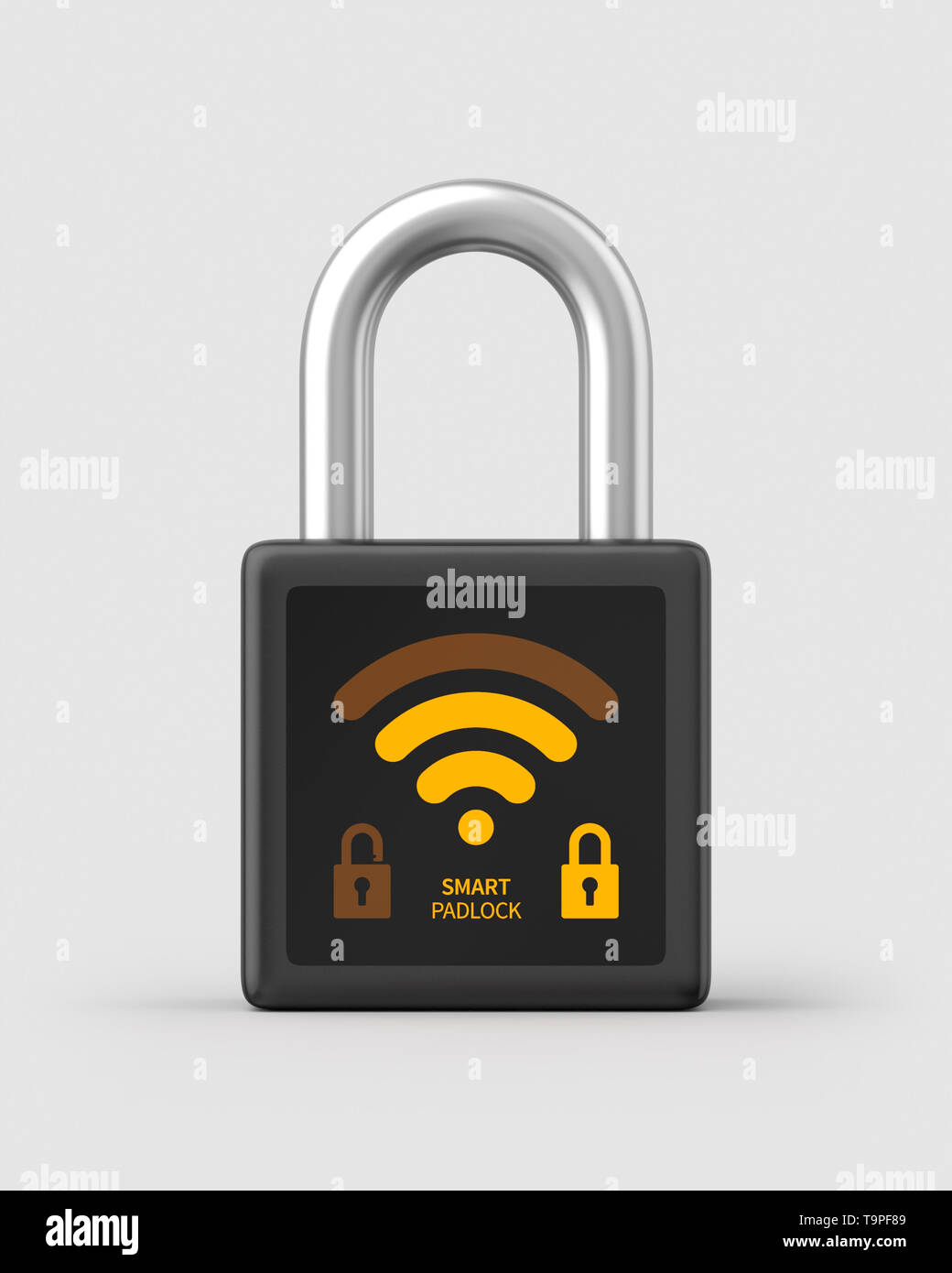 Black locked smart padlock with an orange display on a light grey ...