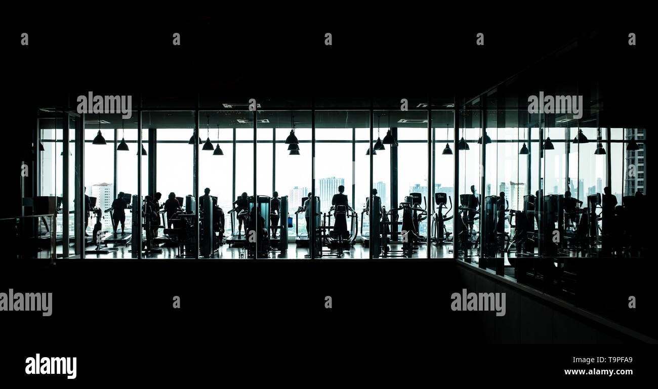 Black and white images of gym or fitness with people do body training ...
