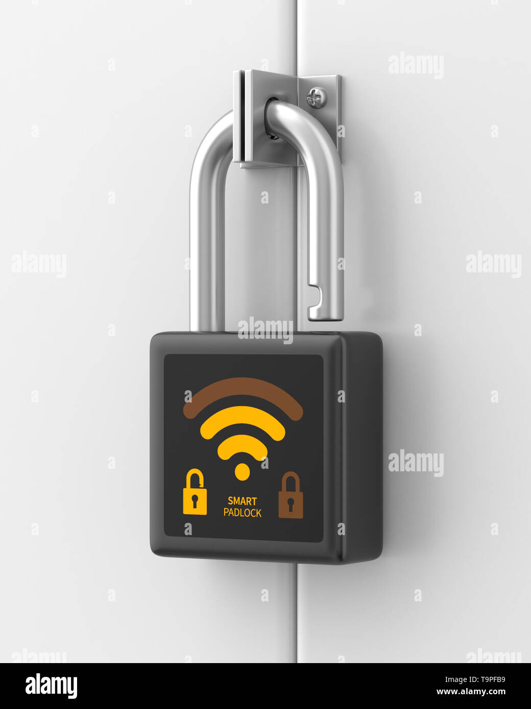 Black unlocked smart padlock with an orange display attached to white ...