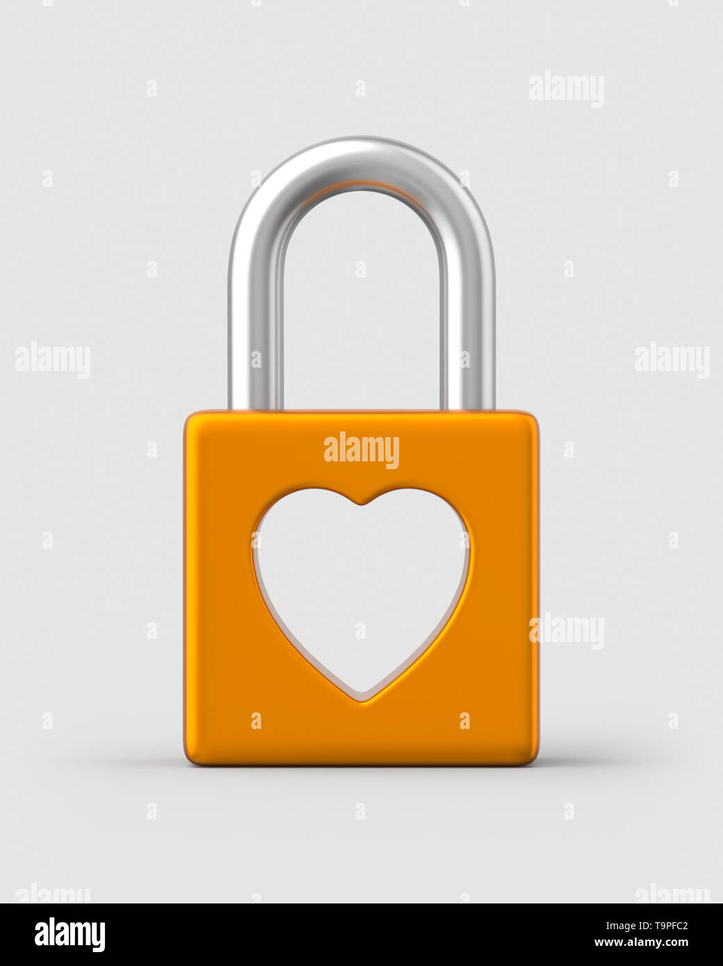 Locked orange heart padlock on a light grey background. 3d render ...