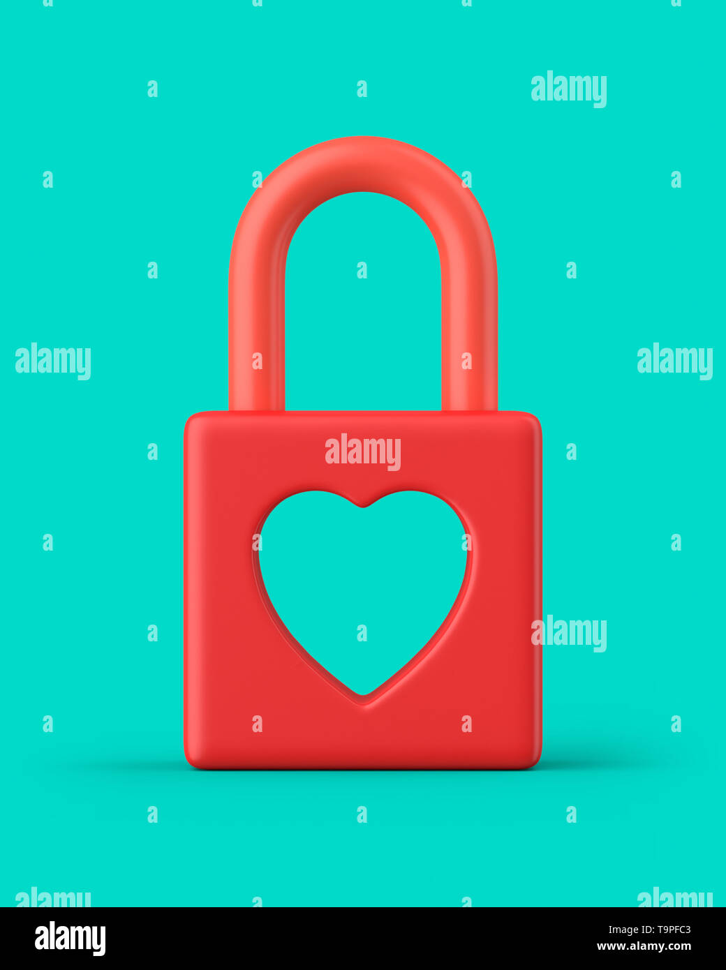 Locked red heart padlock on an aqua background. 3d render. Front view ...
