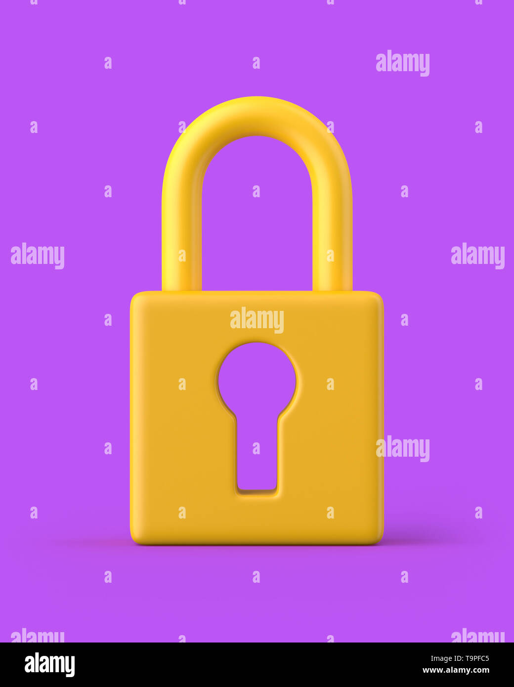 Locked yellow keyhole padlock on a purple background. 3d render. Front ...