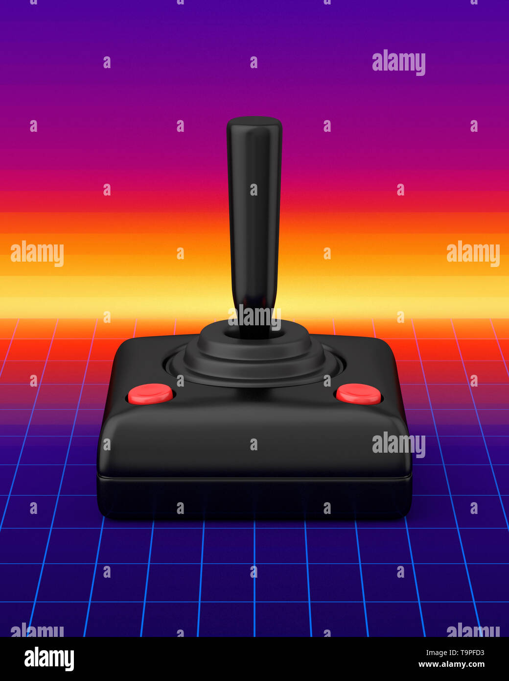 Retro joystick on a colourful wireframe background. 3d render. Angled ...