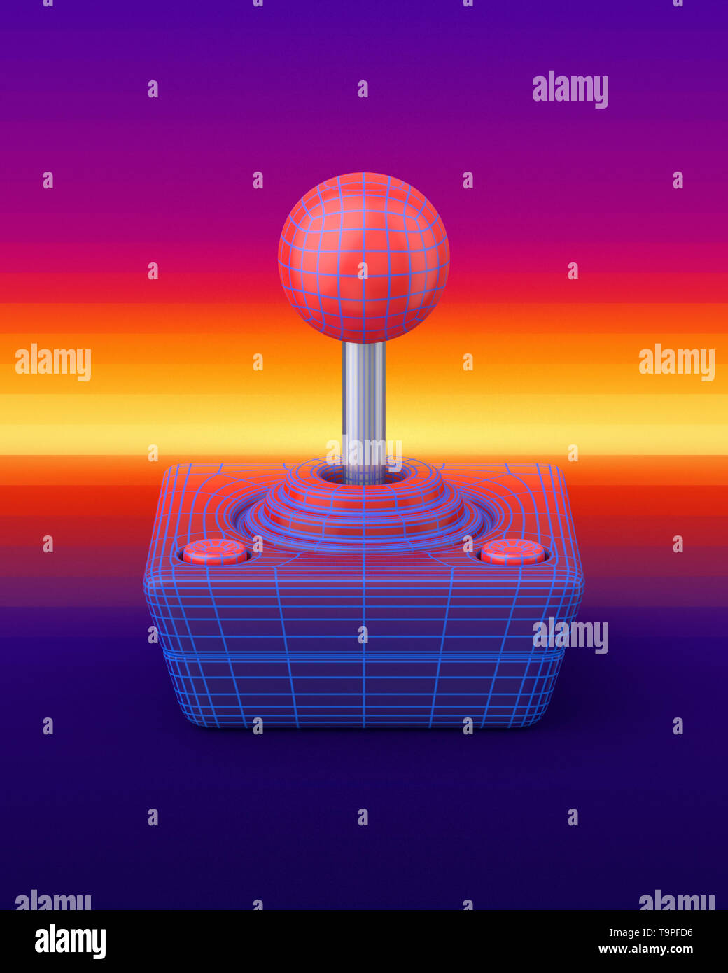 Retro wireframe joystick on a colourful graduated background. 3d render ...