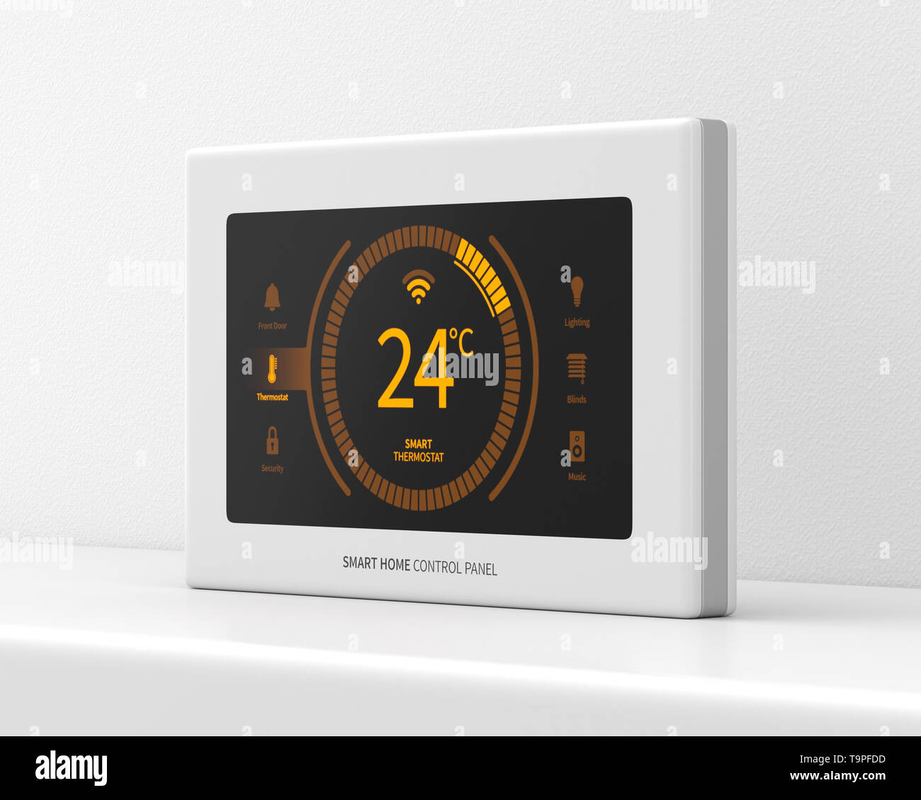 Smart home control panel on a white stand against a white wall. 3d ...