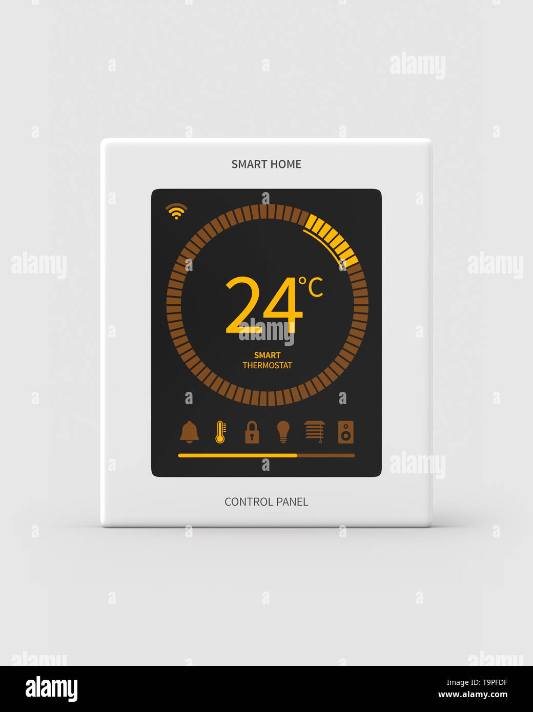 Smart home control panel on a light grey background. 3d render. Front ...
