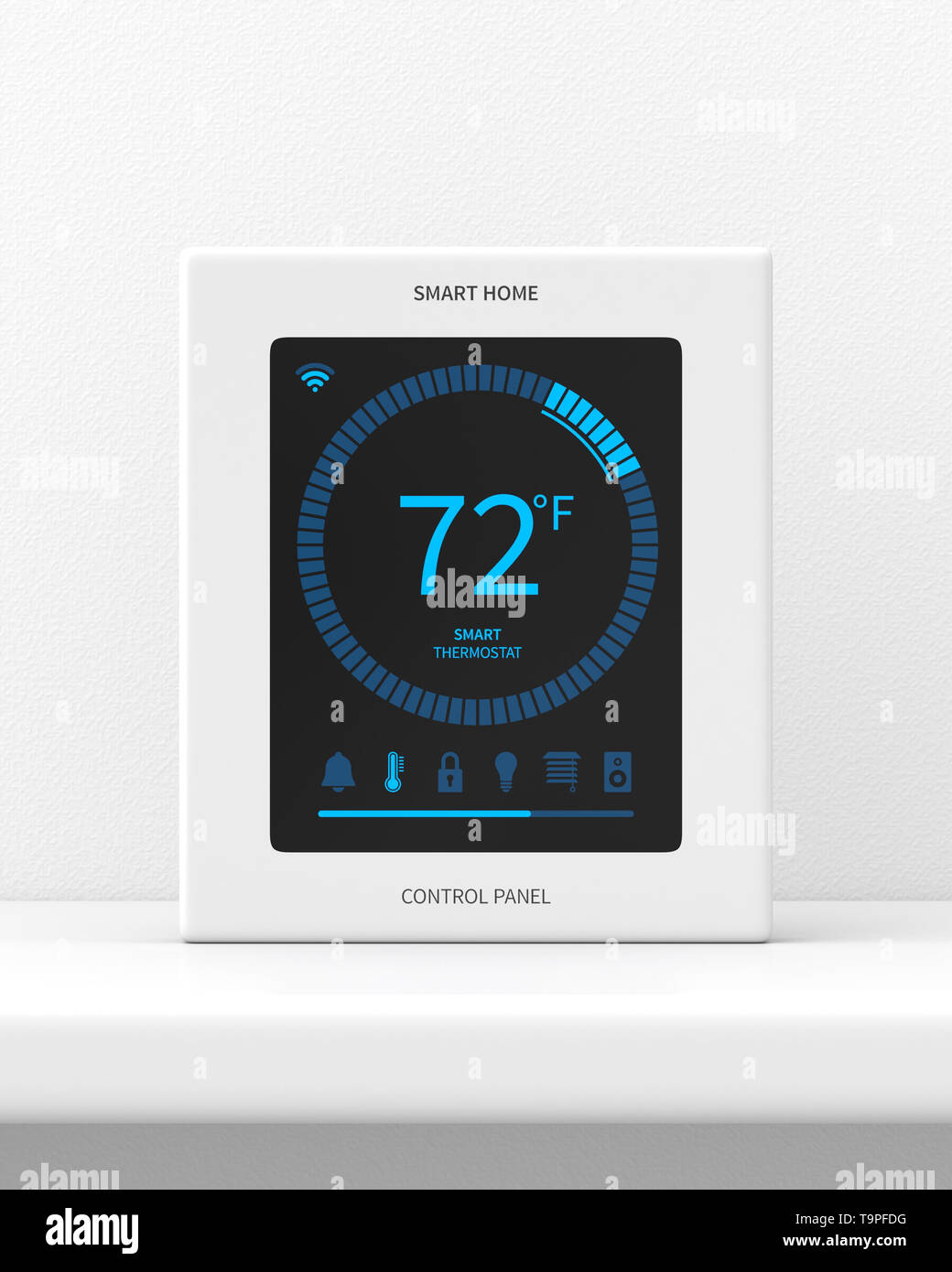 Smart home control panel on a white stand against a white wall. 3d ...