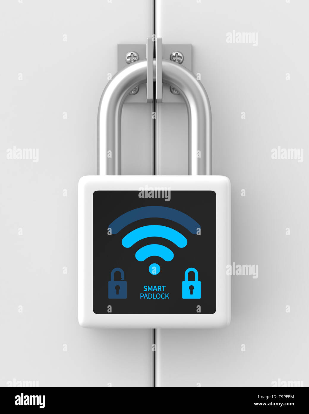 White locked smart padlock with a blue display attached to white doors ...