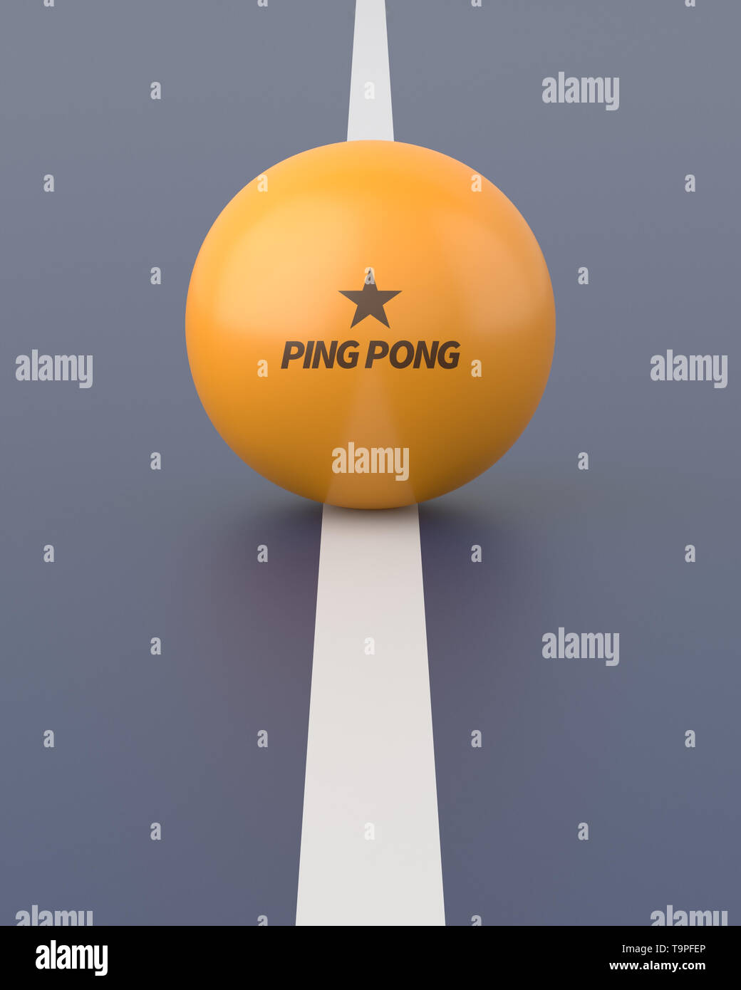 Yellow ping pong ball on a blue ping pong table. 3d render. Angled view ...