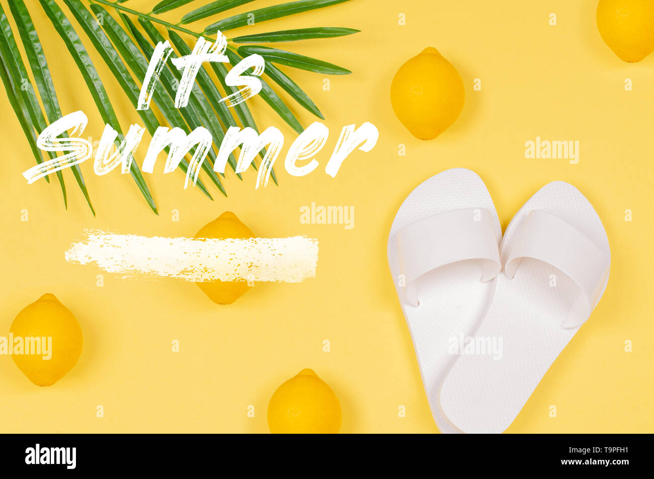 It's Summer text on yellow background with lemon, sandals and green ...
