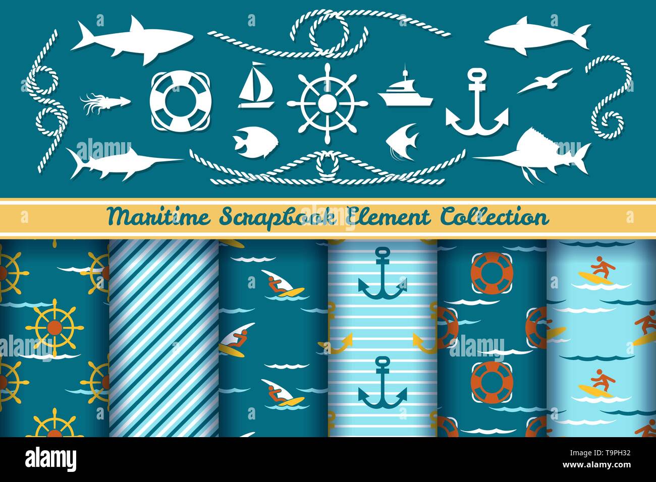 Boys nautical scrapbook elements. Fish and boat icons, sea patterns and ...