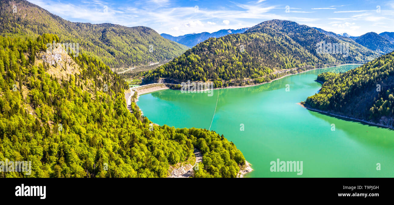 Amazing turquoise lake Sylvenstein, upper Bavaria. Aerial view. May ...