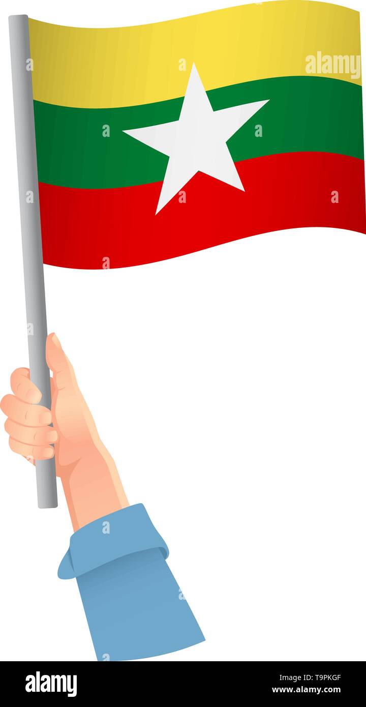 Myanmar flag in hand. Patriotic background. National flag of Myanmar ...