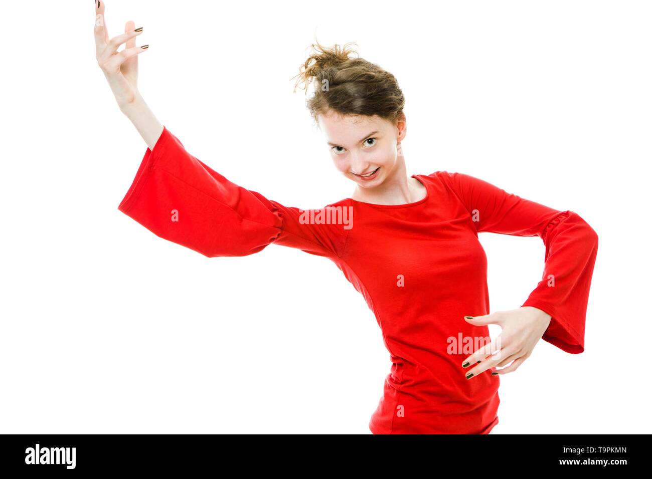 Dancing girl in red dress with slim skinny body on white background ...