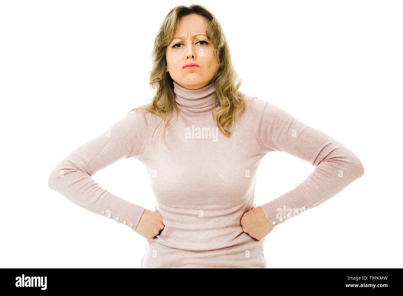 Strict housewife wearing elegant dress shoving rigorous character ...