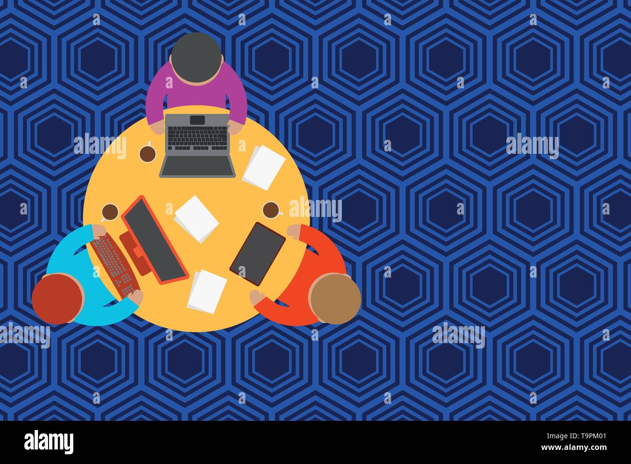 Working round table male employees electronic devices documents coffee ...