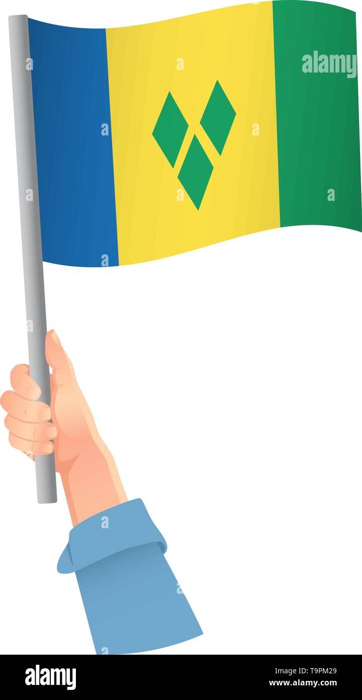 Saint Vincent and the Grenadines flag in hand. Patriotic background ...