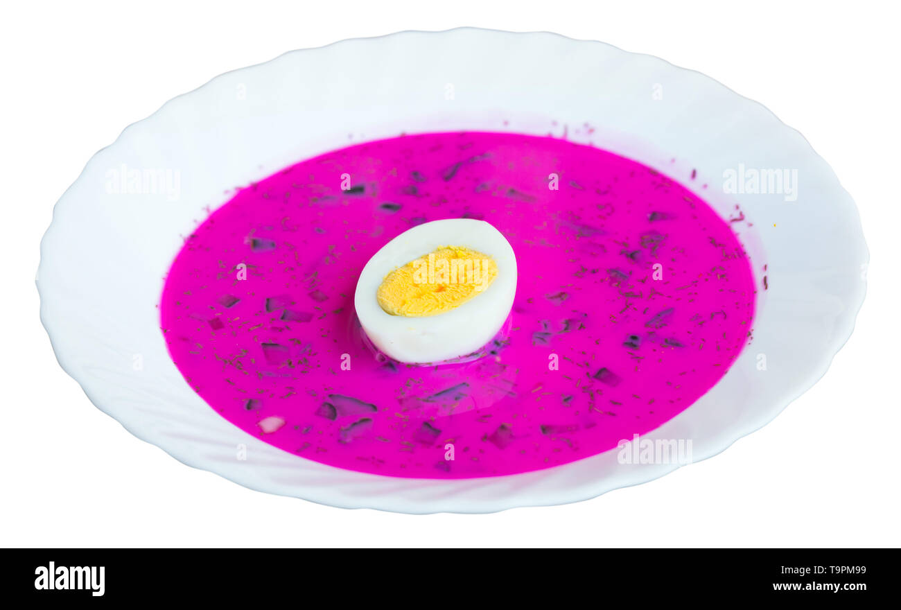 Refreshing cold beetroot soup. Isolated over white background Stock ...