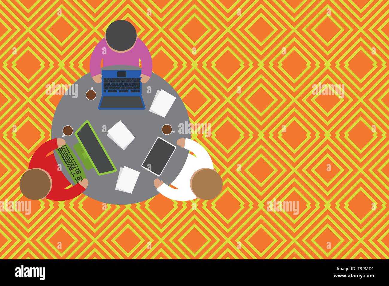 Working round table male employees electronic devices documents coffee ...