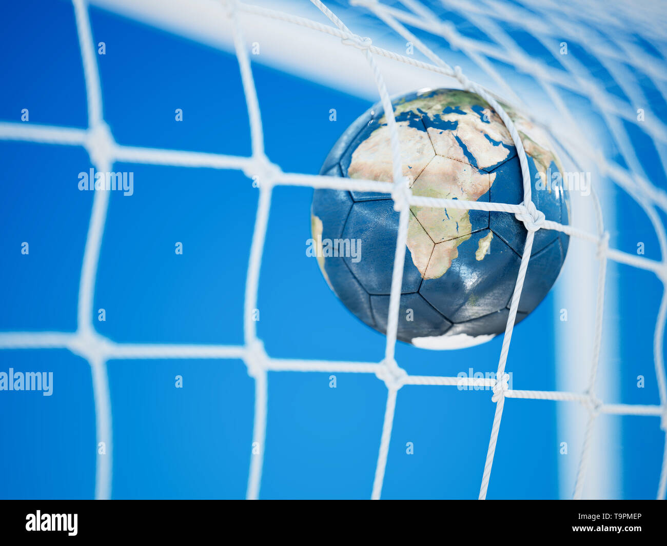 Soccer Earth globe planet football ball flies into goal net with sky ...