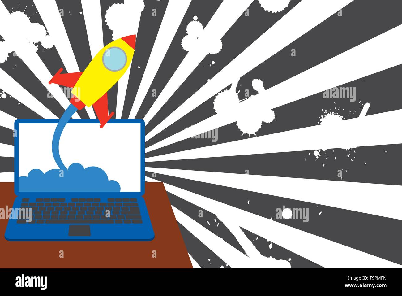Successful rocket launching clouds out laptop background. Startup ...