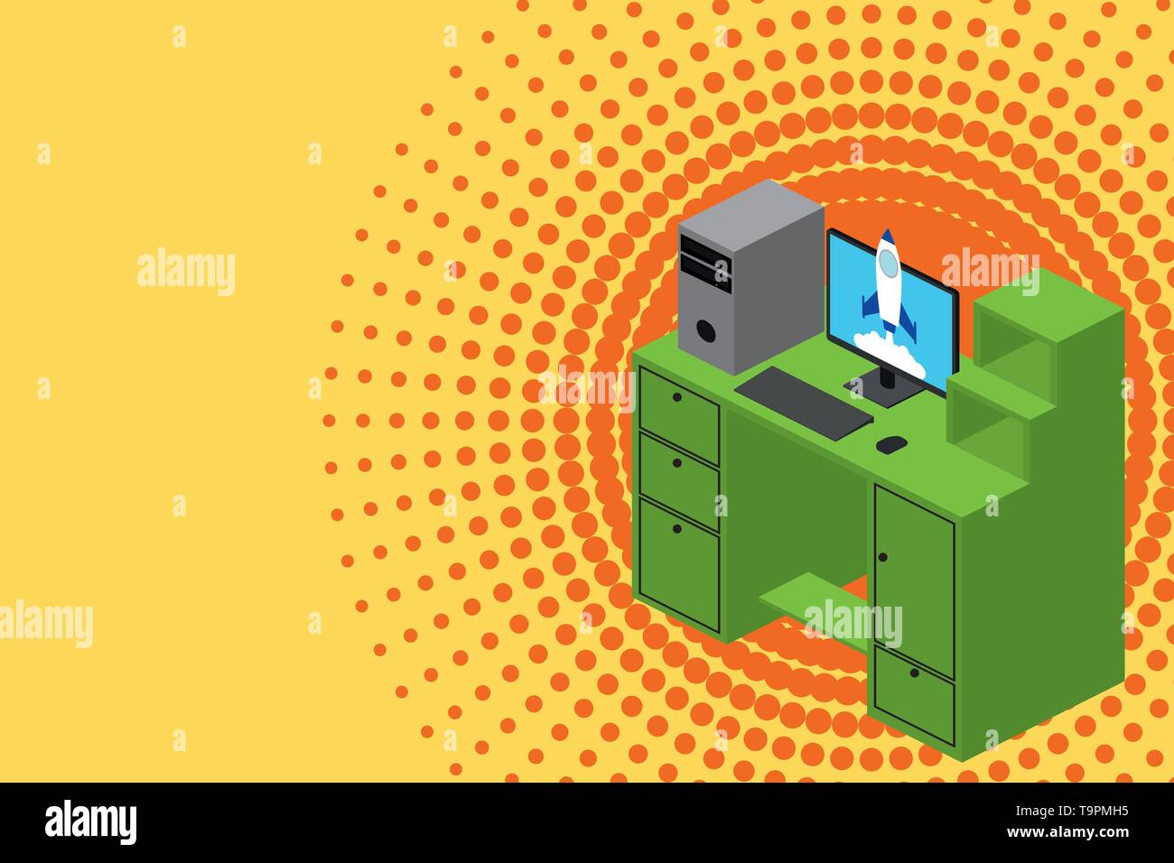 Working desktop station drawers personal computer launching rocket ...