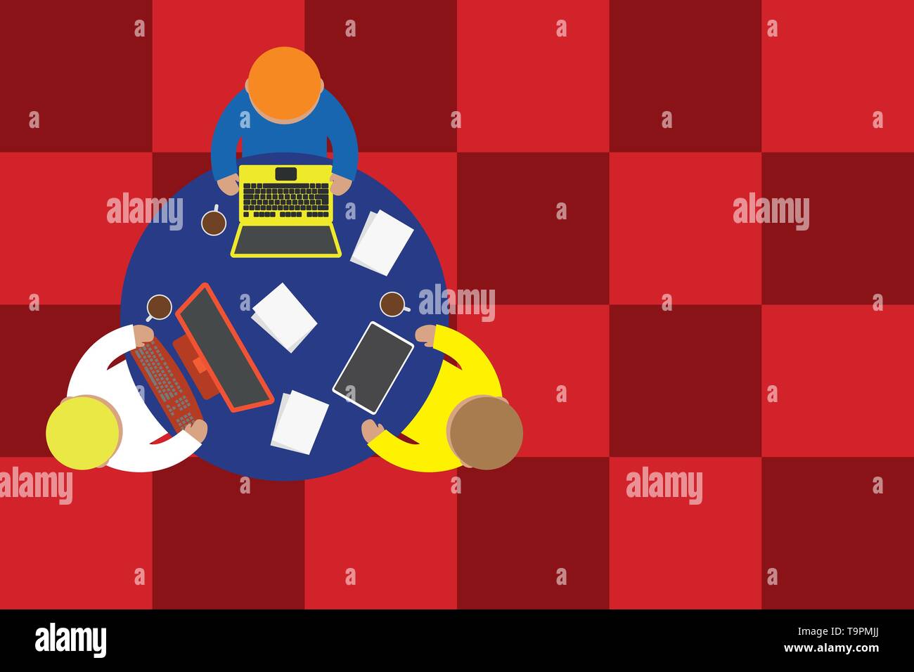 Working round table male employees electronic devices documents coffee ...