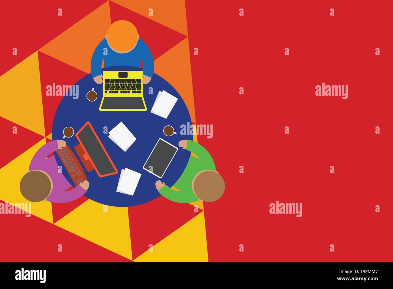 Working round table male employees electronic devices documents coffee ...