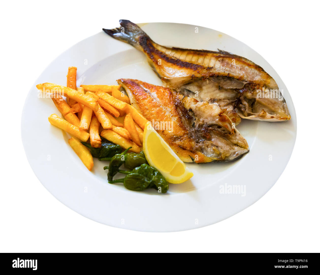 Fried cut dorada fish served on white plate with vegetable garnish and ...