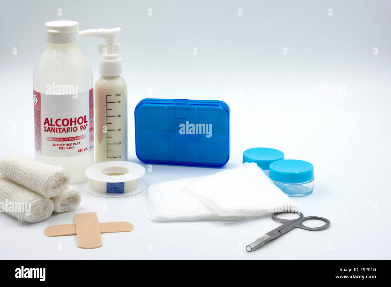 emergency kit background. products for primary cure. Alcohol sanitary ...