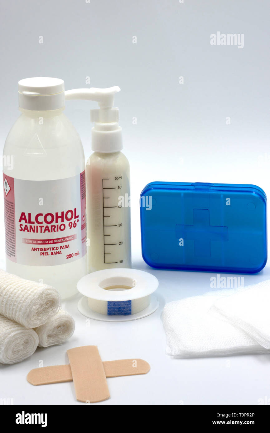 emergency kit background. products for primary cure. Alcohol sanitary ...