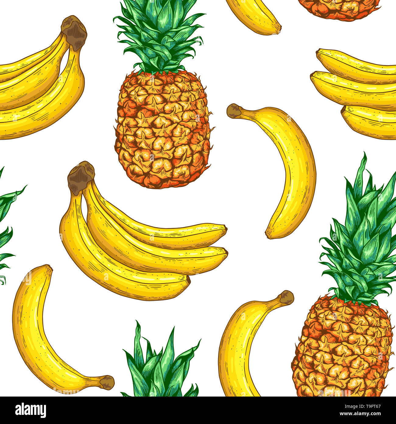 Hand drawn tropical seamless pattern with pineapple and bananas on a ...