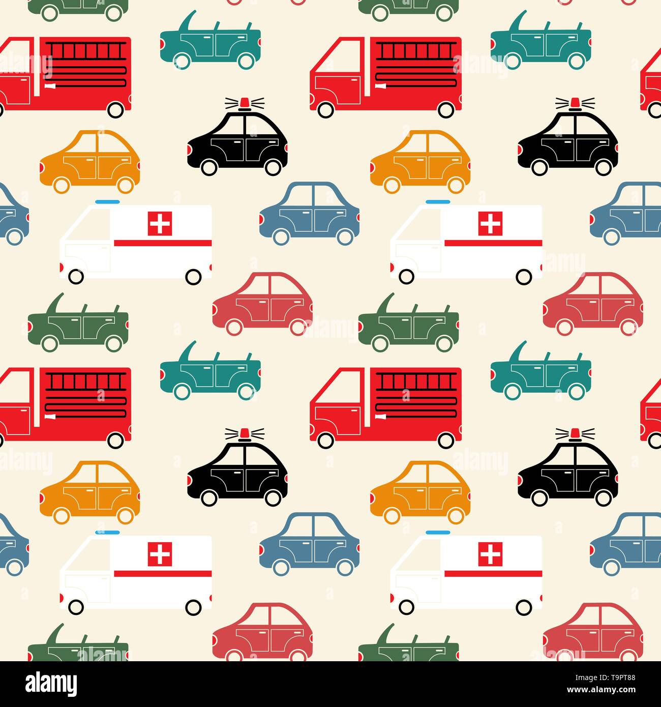 seamless pattern of colorful cartoon emergency service and city car ...