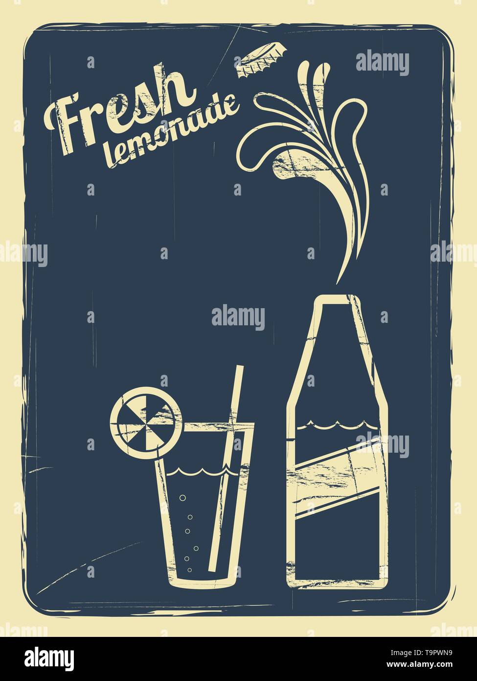 poster with a bottle and glass of lemonade vector background with retro ...