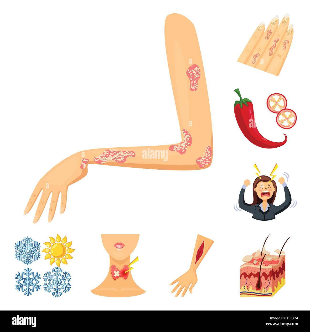 Vector illustration of pain and dermatology symbol. Set of pain and ...