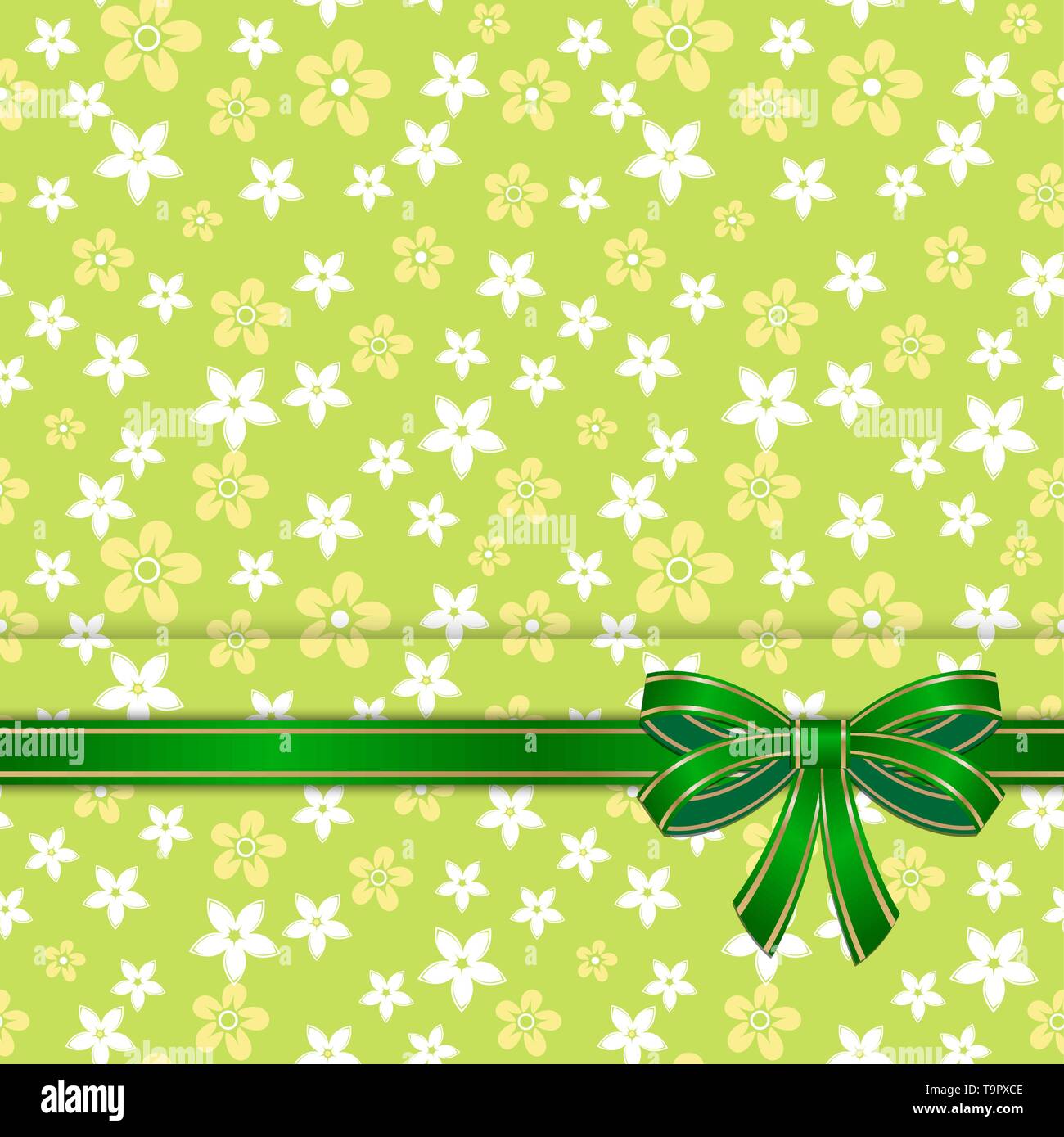 spring card template with bow on the seamless green floral background ...