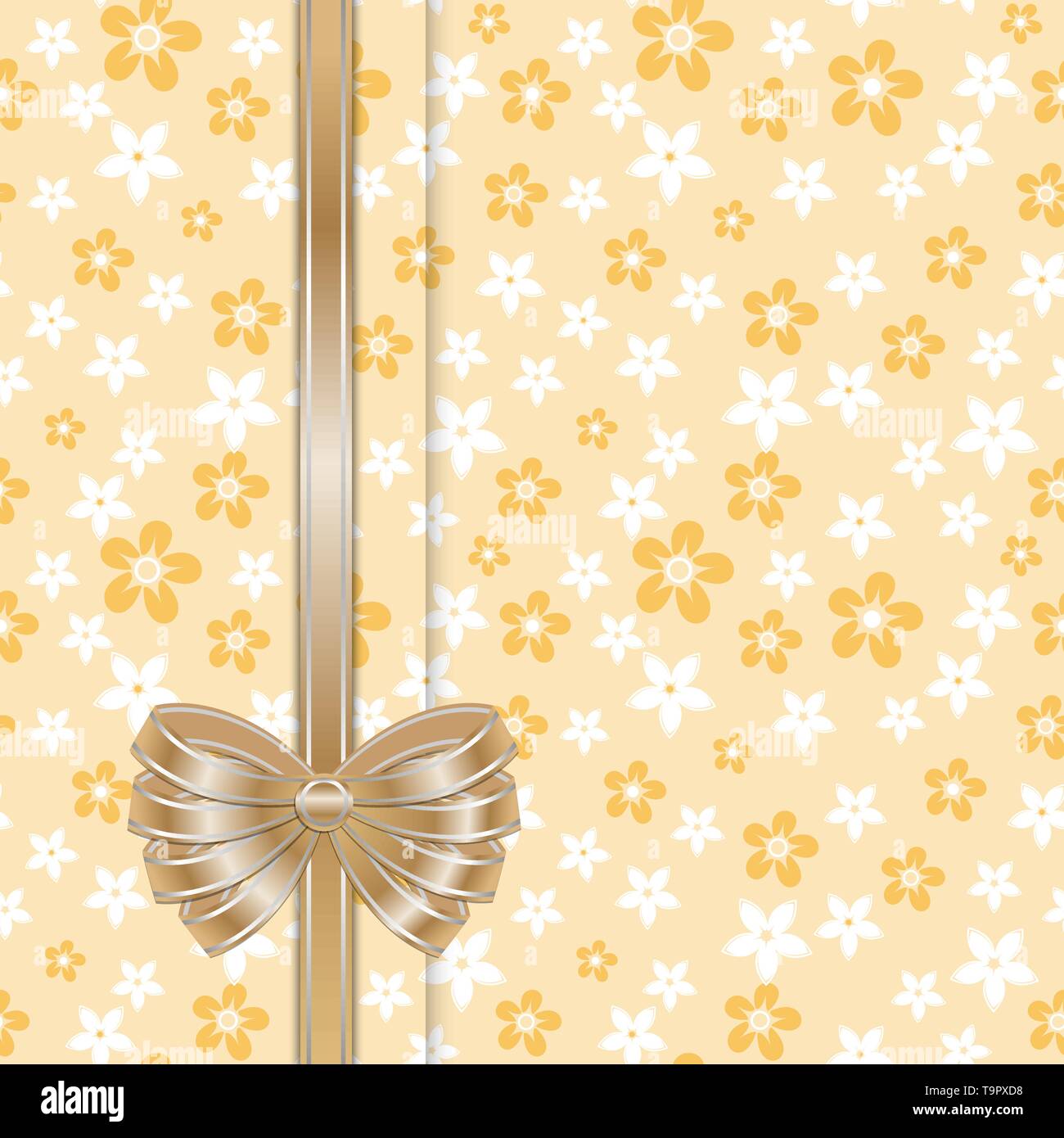 spring card template with bow on the seamless golden floral background ...