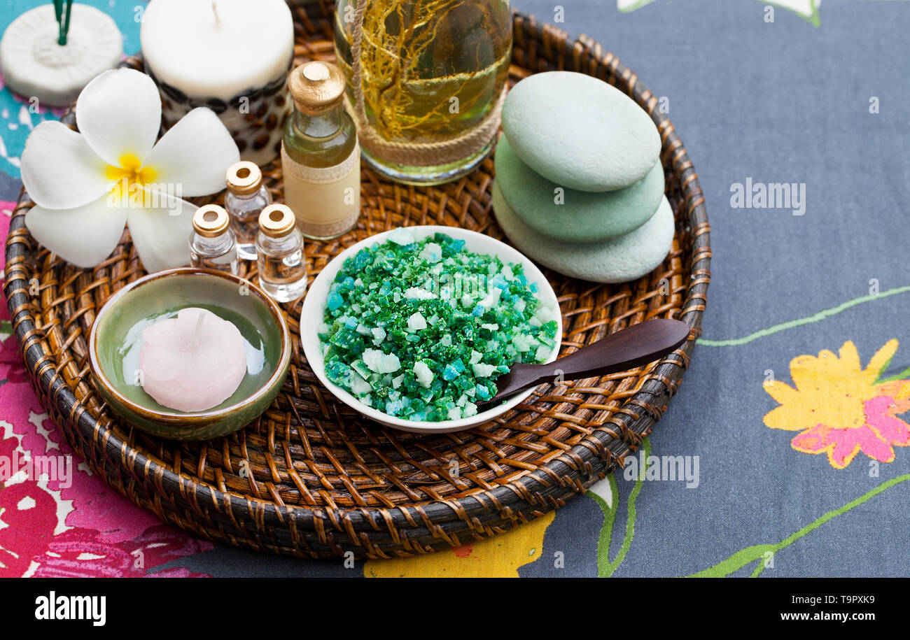 Spa, heath care, wellness, massage set of essential oils, soap and sea ...