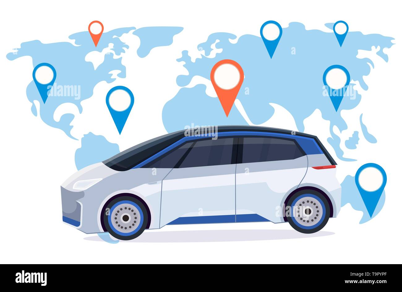 automobile with location pin online ordering taxi car sharing concept ...